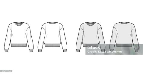 편안한 핏 크루 네크라인 긴소매가 돋선한 코튼 테리 스웨트셔츠 테크니컬 패션 일러스트 플랫 점퍼 0명에 대한 스톡 벡터 아트 및