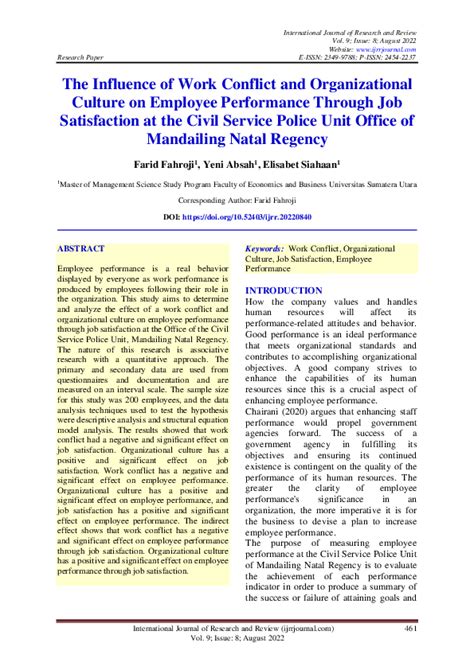 Pdf The Influence Of Work Conflict And Organizational Culture On Employee Performance Through