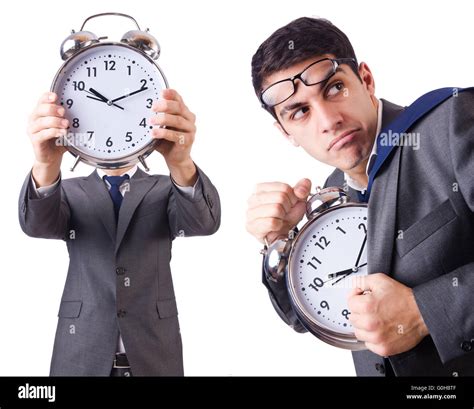 Man With Clock Isolated On White Stock Photo Alamy