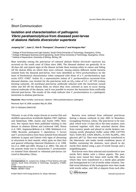 Pdf Isolation And Characterization Of Pathogenic Vibrio Parahaemolyticus From Diseased Post