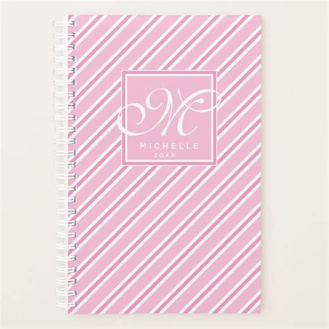Pink And White Diagonal Stripes And Script Monogram Planner Monogram