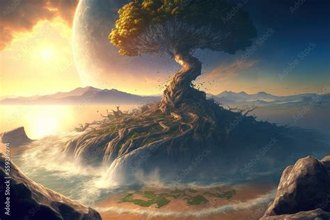 Giant World Tree In Fantasy Concept Anime Style Illustration Painting Generative AI Stock
