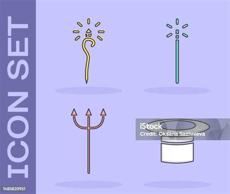 마술사 모자 매직 스태프 해왕성 트라이던트 및 마술 지팡이 아이콘을 설정합니다 벡터 고대의에 대한 스톡 벡터 아트 및 기타