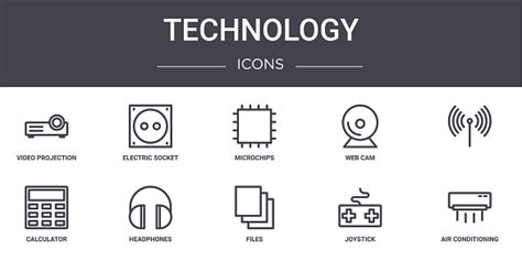 기술 개념 라인 아이콘 세트 웹 로고 전기 소켓 웹 캠 계산기 파일 조이스틱 에어컨 마이크로 칩과 같은 Ui Ux에 사용할 수있는 아이콘이 포함되어 있습니다 Brand
