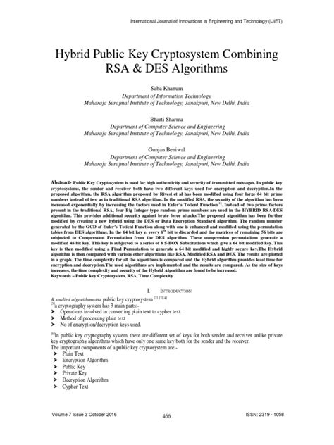 Hybrid Public Key Cryptosystem Combining Rsa And Des Algorithms Pdf