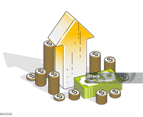 성공과 이익 증가 개념 흰색 배경에 고립 된 현금 돈 스택 업 화살표 벡터 3d 아이소메트릭 비즈니스 및 금융 일러스트 얇은 라인 디자인 0명에 대한 스톡 벡터 아트 및