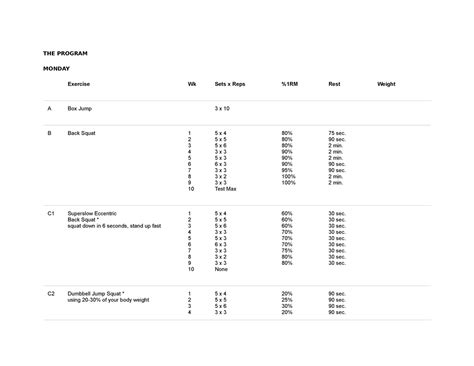 THE Program Asdf THE PROGRAM MONDAY Exercise Wk Sets X Reps RM Rest Weight A Box Jump X