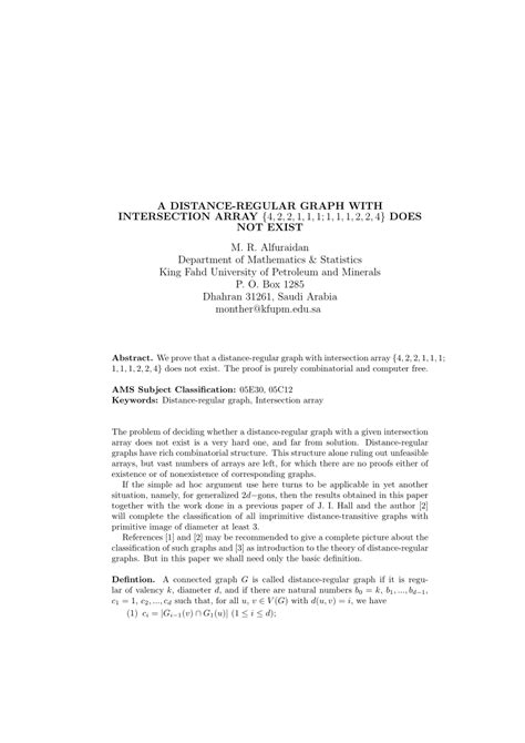 Pdf A Distance Regular Graph With Intersection Array 4 2 2 1 1
