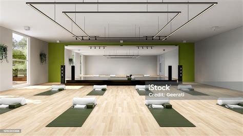 텅 빈 요가 스튜디오 인테리어 디자인 무대와 대형 거울이 있는 열린 공간 3d 렌더링 거울에 대한 스톡 사진 및 기타 이미지 거울 건강한 생활방식 균형 Istock