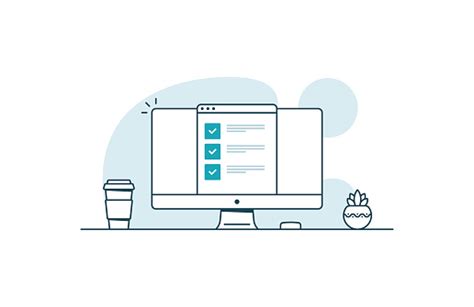 컴퓨터 점검입니다 컴퓨터 커피 컵 식물 및 브라우저 확인란 작업 영역 벡터 일러스트 레이 션 라인 아트 스타일 데스크탑 컴퓨터에 대한 스톡 벡터 아트 및 기타 이미지