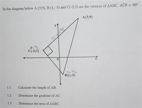 Solved In The Diagram Below A 3 9 B 1 5 And C 5 3 Are The Vertices Of Abc Acb 90° 1 1 1 2