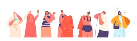 거울 벡터 일러스트레이션 앞에서 여성의 일상과 위생 여성 캐릭터 화장품 절차를 설정합니다 프리미엄 벡터