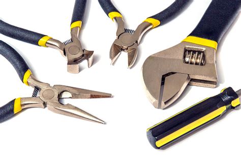 흰색 고립된 배경에 마스터 배관공 또는 전기 기술자를 위한 도구 세트 0명에 대한 스톡 사진 및 기타 이미지 0명 개체 그룹 금속 Istock