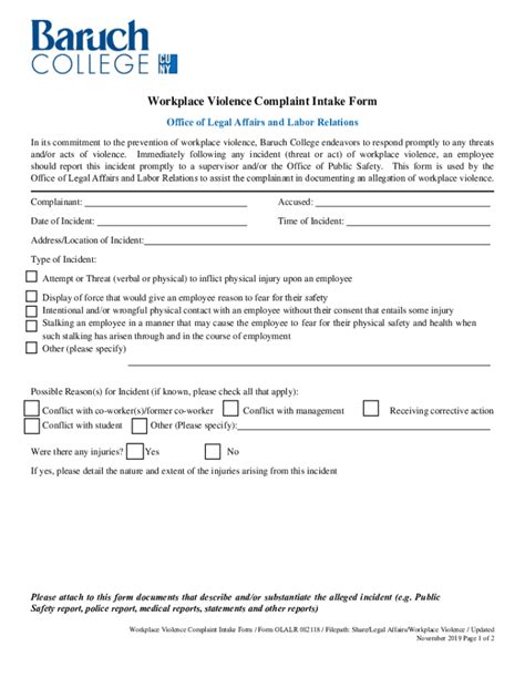 Fillable Online Workplace Violence Complaint Intake Form Fax Email Print Pdffiller