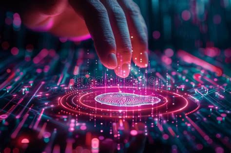 Finger Touching Digital Fingerprint Scanner On Glowing Virtual Keyboard Identification Concept