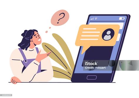 젊은 여성은 쿼리 표현 및 메시징 앱으로 스마트 폰을 통해 의사 소통합니다 Brand Name Online Messaging Platform에 대한 스톡 벡터 아트 및 기타