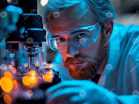 A Scientist In Lab Coat Protective Eyewear And Glasses Is Working On