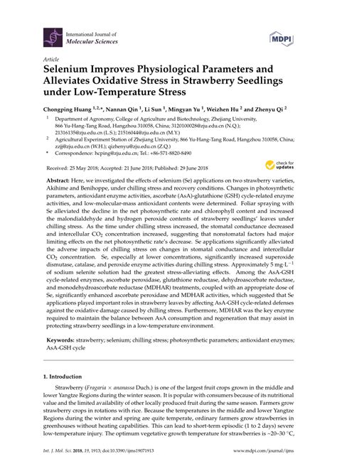 Pdf Selenium Improves Physiological Parameters And Alleviates Oxidative Stress In Strawberry