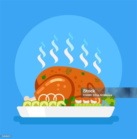 신선한 맛 있는 접시에 오이 브로콜리 양파 마늘을 썰어 야채와 함께 구운된 치킨 칠면조 구이 요리 고기 요리 요리 개념입니다 평면 그래픽 디자인 만화 일러스트 벡터 가금류에