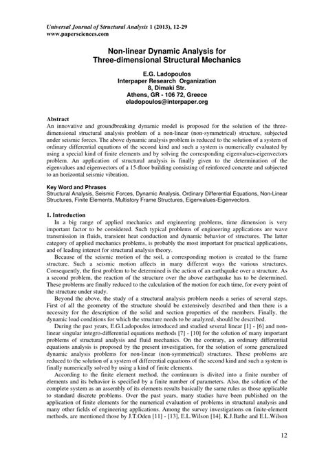 PDF Non Linear Dynamic Analysis For Three Dimensional Structural Mechanics