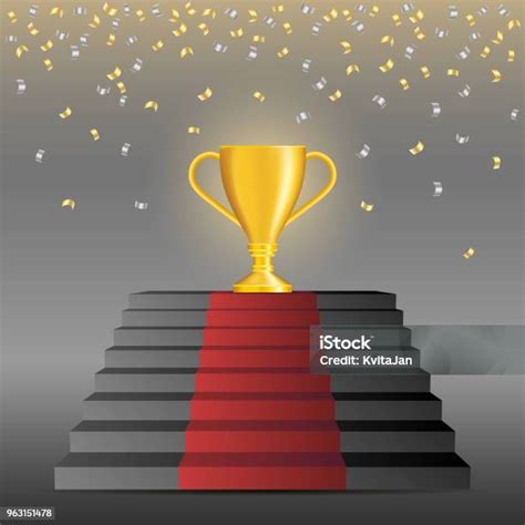 황금과 색종이와 레드 카펫 계단 위에 황금 트로피의 벡터입니다 1위에 대한 스톡 벡터 아트 및 기타 이미지 1위 3차원 형태 경기 스포츠 Istock
