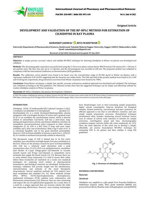 Pdf Development And Validation Of The Rp Hplc Method For Estimation Of Cilnidipine In Rat Plasma