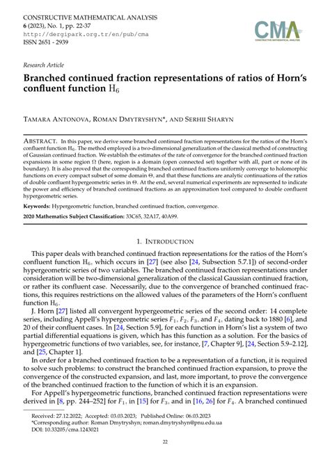 Pdf Branched Continued Fraction Representations Of Ratios Of Horns Confluent Function H6