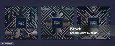 고급 표지 템플릿 사각형 라인 아트 데코 패턴의 벡터 세트입니다 플래카드 배너 전단지 프레젠테이션 와인 라벨 향수 및 카드를 위한 멋진 디자인 요소 0명에 대한 스톡 벡터
