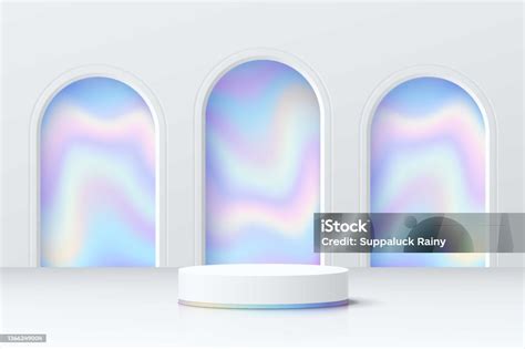 아치 모양 창에 현실적인 흰색 실린더 받침대 연단과 파란색 홀로그램추상 3d 룸 제품 디스플레이 프레젠테이션을 위한 최소한의 장면입니다 벡터 기하학적 플랫폼 쇼케이스 무대