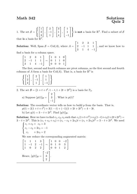 Solutions For Quiz 2 Elementary Linear Algebra Math 342 Docsity