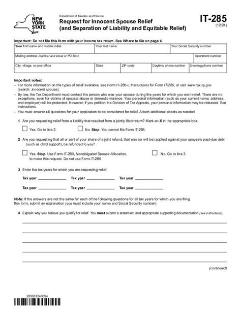 Form It 285 Request For Innocent Spouse Relief And Separation Of Liability Of Equitable Relief