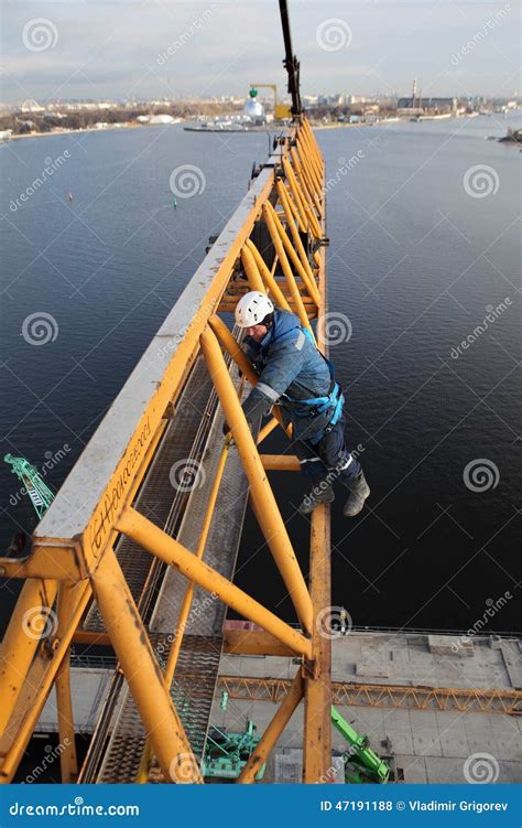 Installation Section Of Tower Crane At Height Assembly Fitters Steeplejacks Editorial Stock