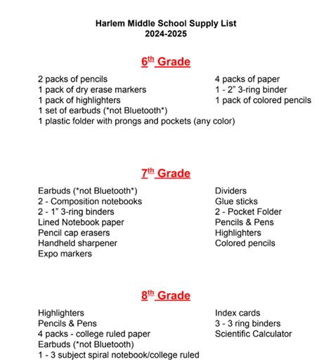 School Supplies List 7th Grade