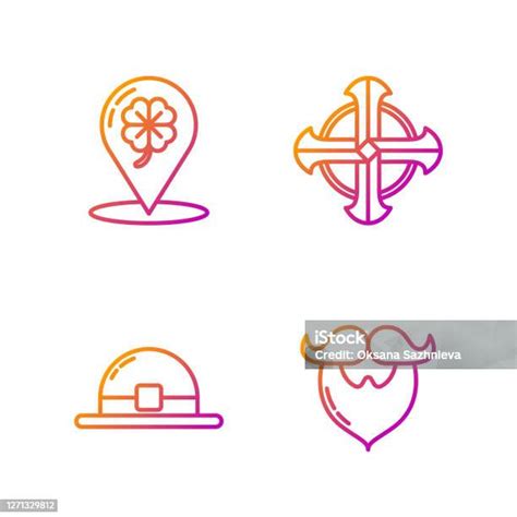 세트 라인 콧수염과 수염 레프레천 모자 위치 및 네 잎 클로버와 셀틱 크로스 그라데이션 색상 아이콘입니다 벡터 아이콘에 대한 스톡 벡터 아트 및 기타 이미지 Istock