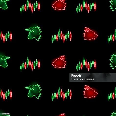 곰과 황소 머리의 네온 아이콘과 검은 배경에 일본어 촛대 차트와 원활한 패턴 증권 거래소 시장 중개 거래 돈 개념 벡터 10