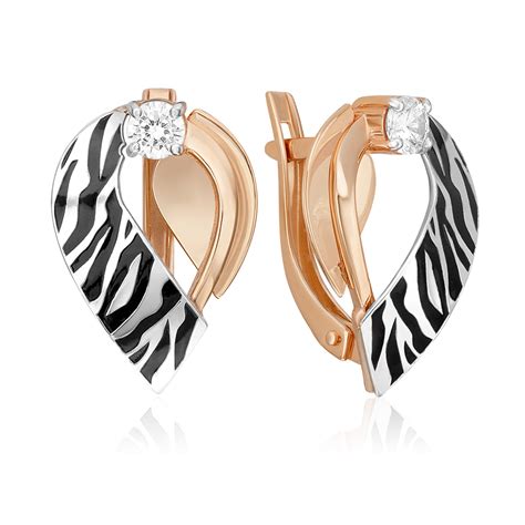 Серьги с принтом Зебра из комбинированного золота с фианитом и эмалью