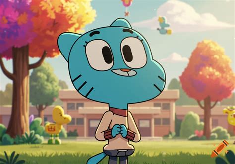 Gumball Watterson A Blue Cat Stands In A Colorful Cartoon Landscape