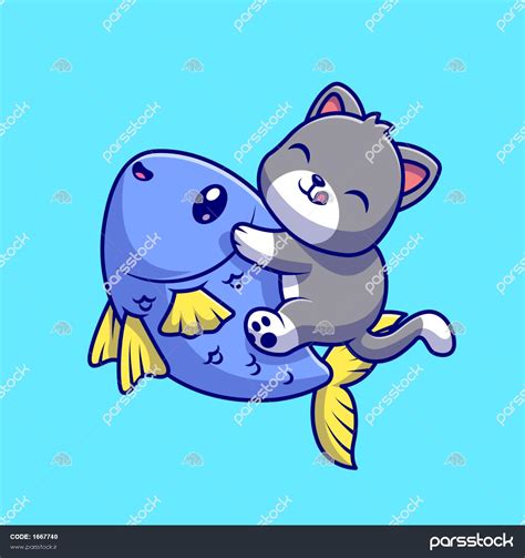 تصویر وکتور کارتونی گربه سوار ماهی ناز مفهوم نماد طبیعت حیوانی جدا شده تخت 1667740