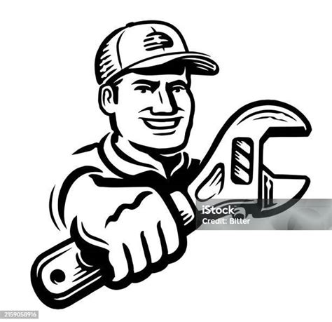 정비공 조정 가능한 렌치를 가진 기술자 도구 엠블럼 건설 작업 수리 서비스 로고 벡터 일러스트 레이 션 개선에 대한 스톡 벡터