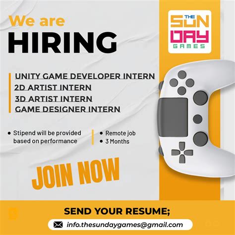 Thesundaygames On Linkedin 🚀 We Are Hiring Interns 🎮 Unity Game Developer Intern 🎨 Game