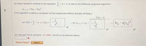 Solved A Apply Newtons Method To The Equation X1−a0 To