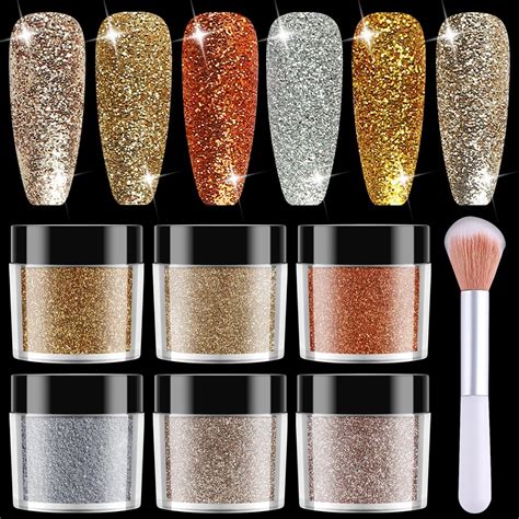 Furtherpretty Nail Glitter Powder Set 6 Colors Gold Silver