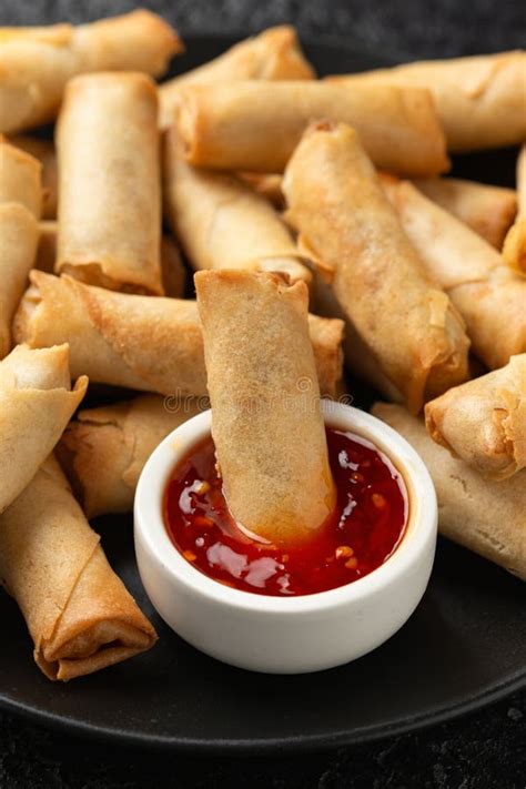 Fried Vegetable Spring Rolls With Sweet Chilli Sauce Party Food Stock