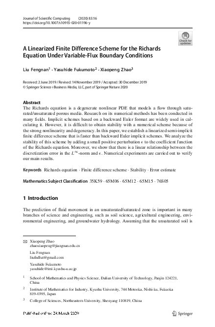 Pdf A Linearized Finite Difference Scheme For The Richards Equation