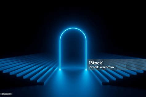 3d 렌더 추상 네온 배경 계단 사이의 파란색 빛나는 아치 공연 무대 디자인 빈 패션 연단 자외선 3차원 형태에 대한 스톡 사진 및 기타 이미지 Istock