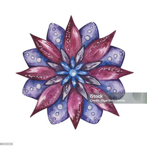 수채화 그림입니다 손으로 그린 만다라 꽃은 보라색 파란색 검은 색 보라색입니다 아라베스크 오리엔트 장식 별이 빛나는 밤의 공간 색상입니다 배너 인쇄물을 위한 격리된 꽃 클립