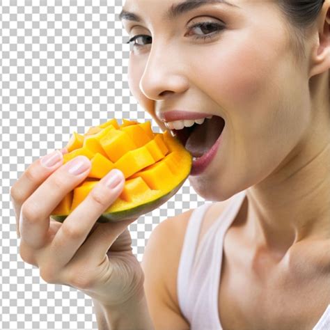 Premium PSD Smiling Adult Girl Eats The Slice Of A Fresh Mango