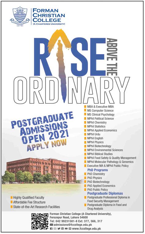 Admission Open In Forman Christian College University Lahore 12 Jul 2021