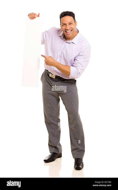 Cheerful Man Pointing Empty Board Isolated On White Stock Photo Alamy