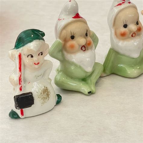 Lefton Holiday Vintage Porcelain Santas Elf Elves Figures Sleigh Mini Pixie Card Holder